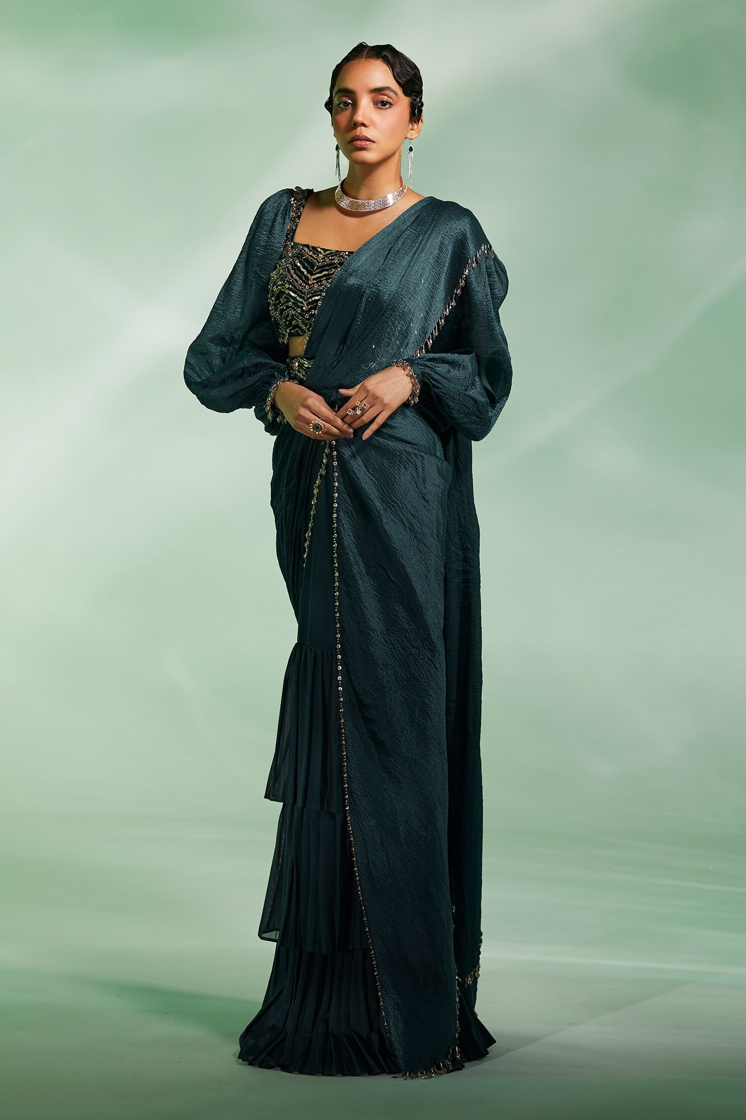 Buy Green Blouse Velvet And Crushed Organza Embellished Chloe Pre ...