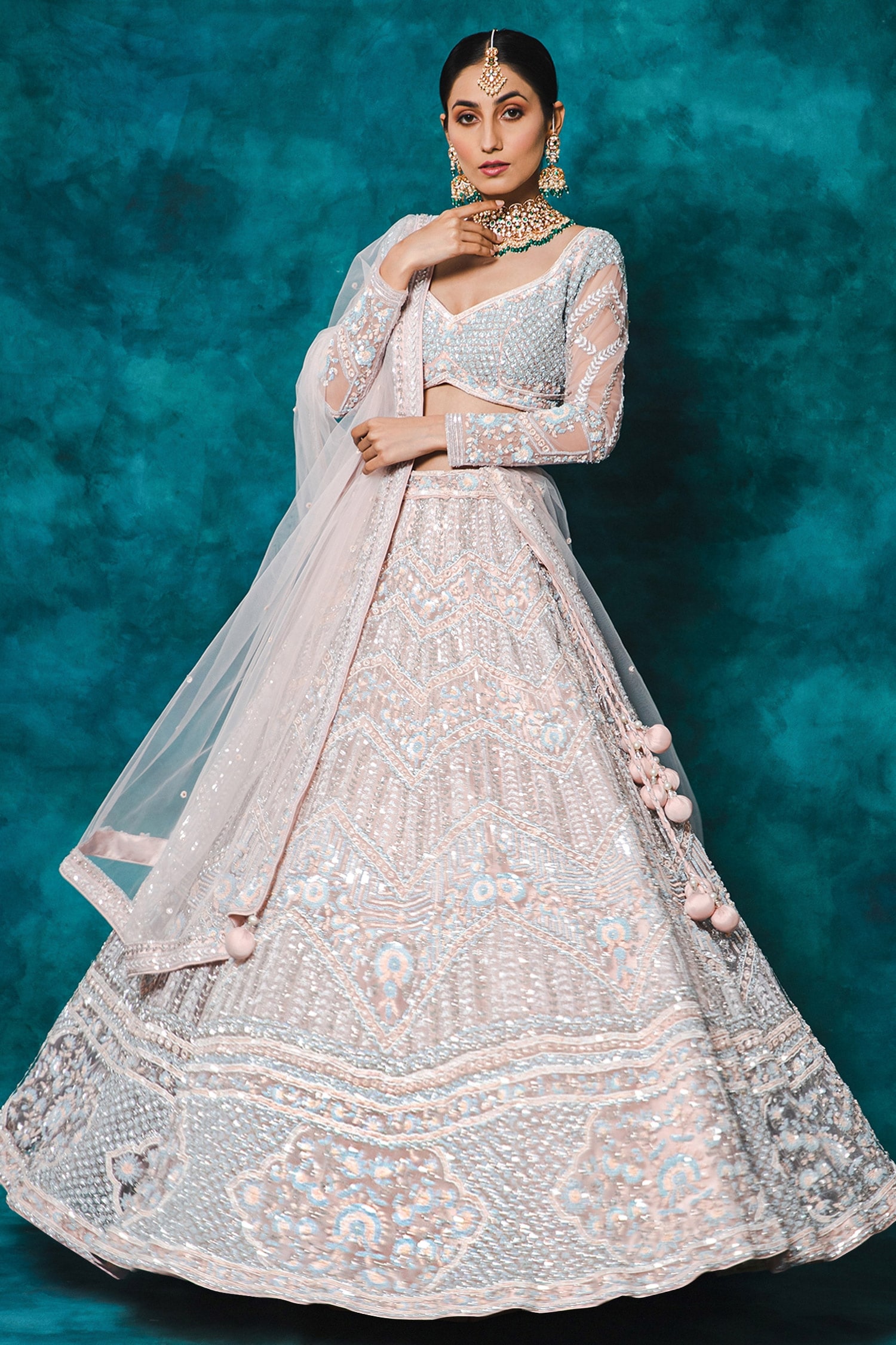 Buy Pink Net Hand Embroidery Sequin Sweetheart Neck Floral Lehenga Set ...