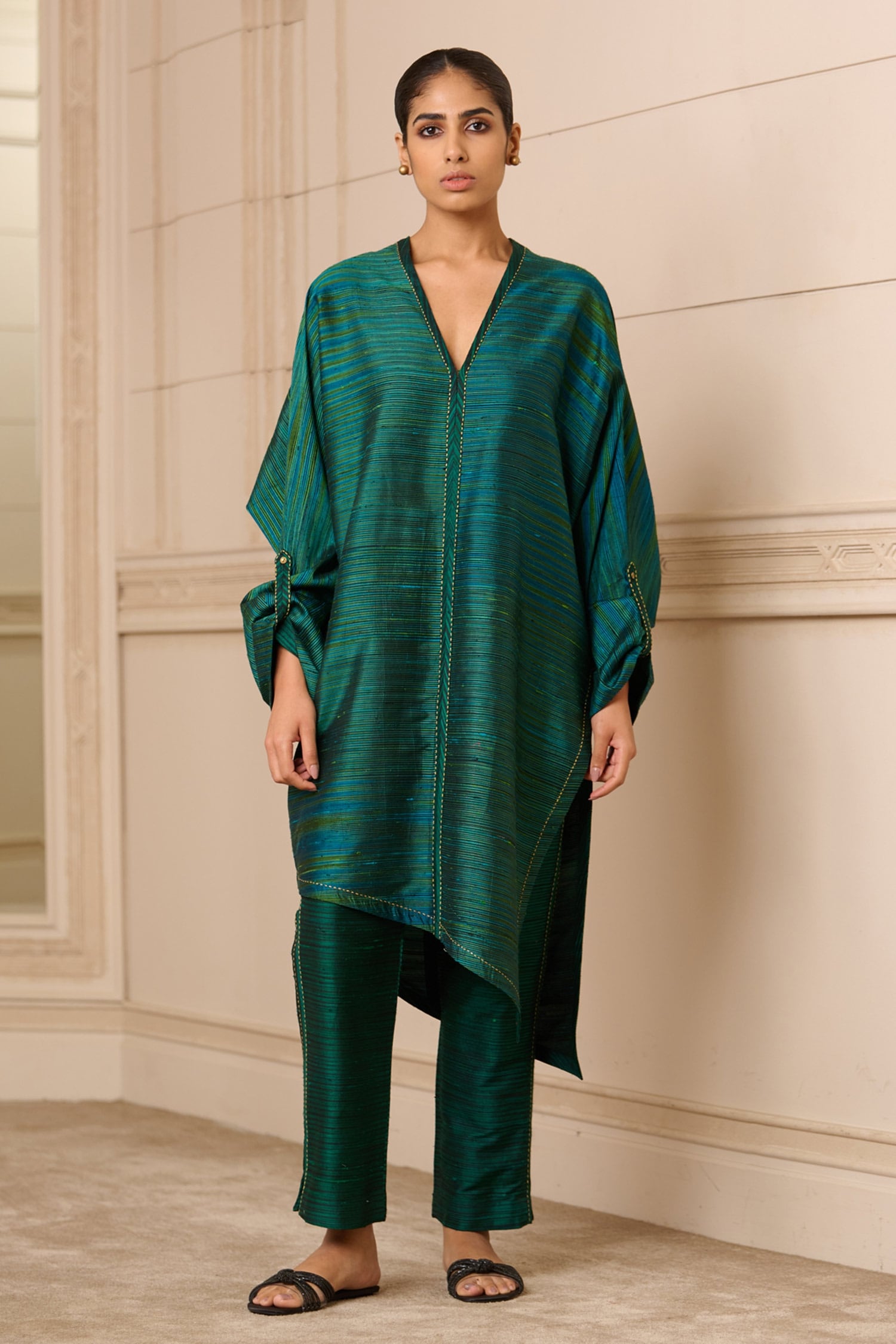 Buy Blue Textured Silk Dupion Plunge Handwoven Striped Asymmetric Tunic ...