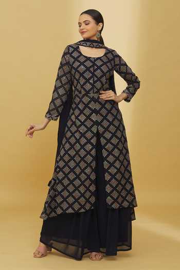Buy Samyukta Singhania Blue Georgette Diamond Pattern Anarkali Palazzo ...