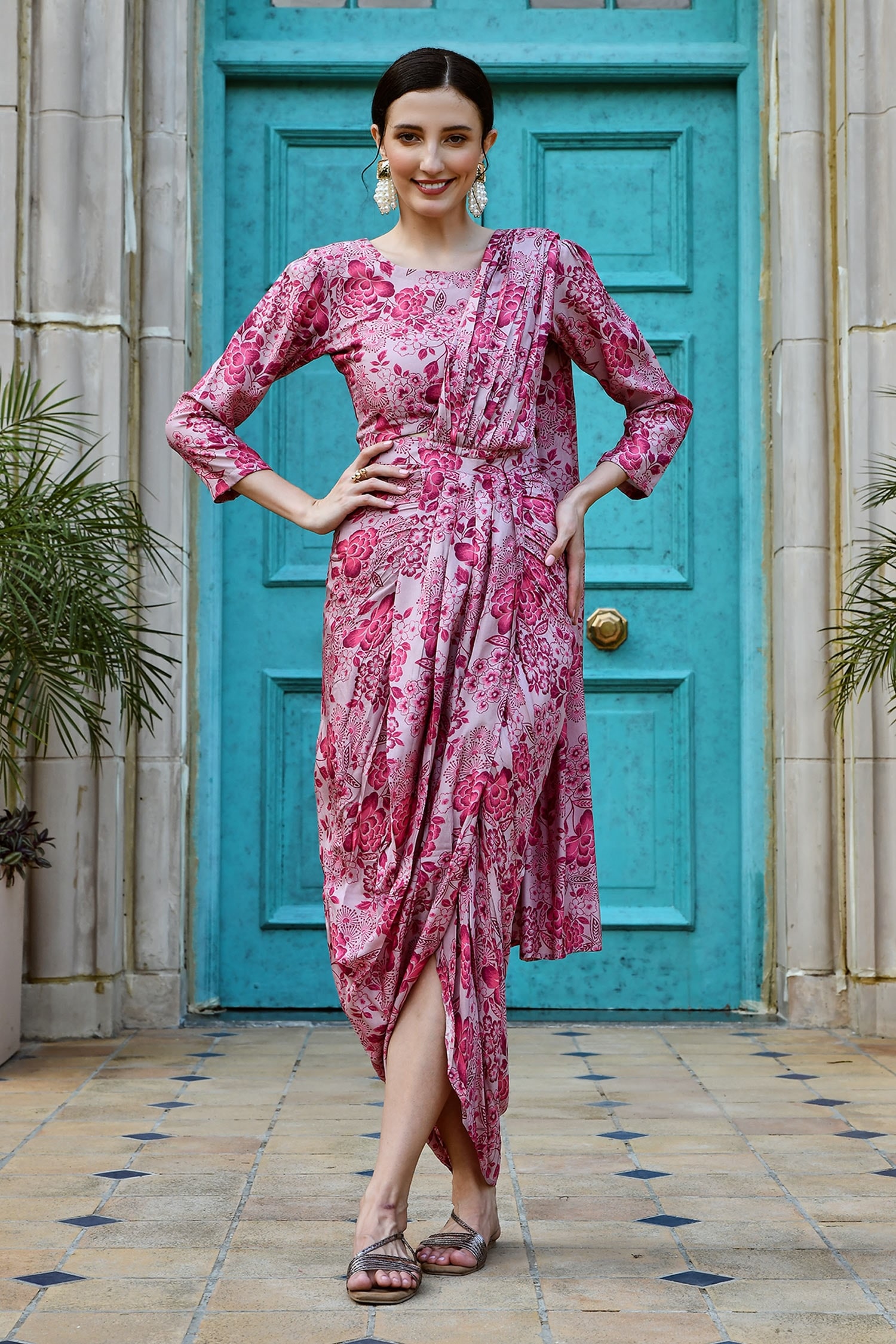 Buy Karaj Jaipur Pink Muslin Printed Pre-draped Saree With Blouse ...