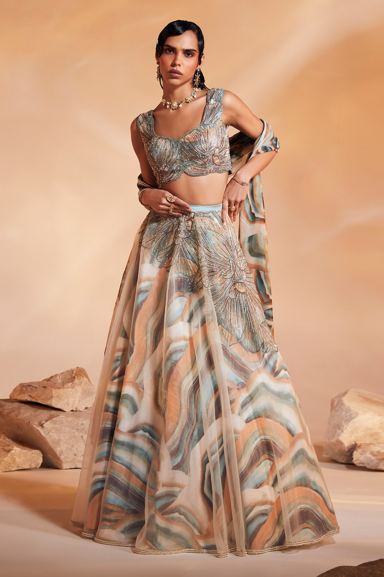 Buy Divya Aggarwal Multi Color Organza Ivy Embellished Lehenga Set ...