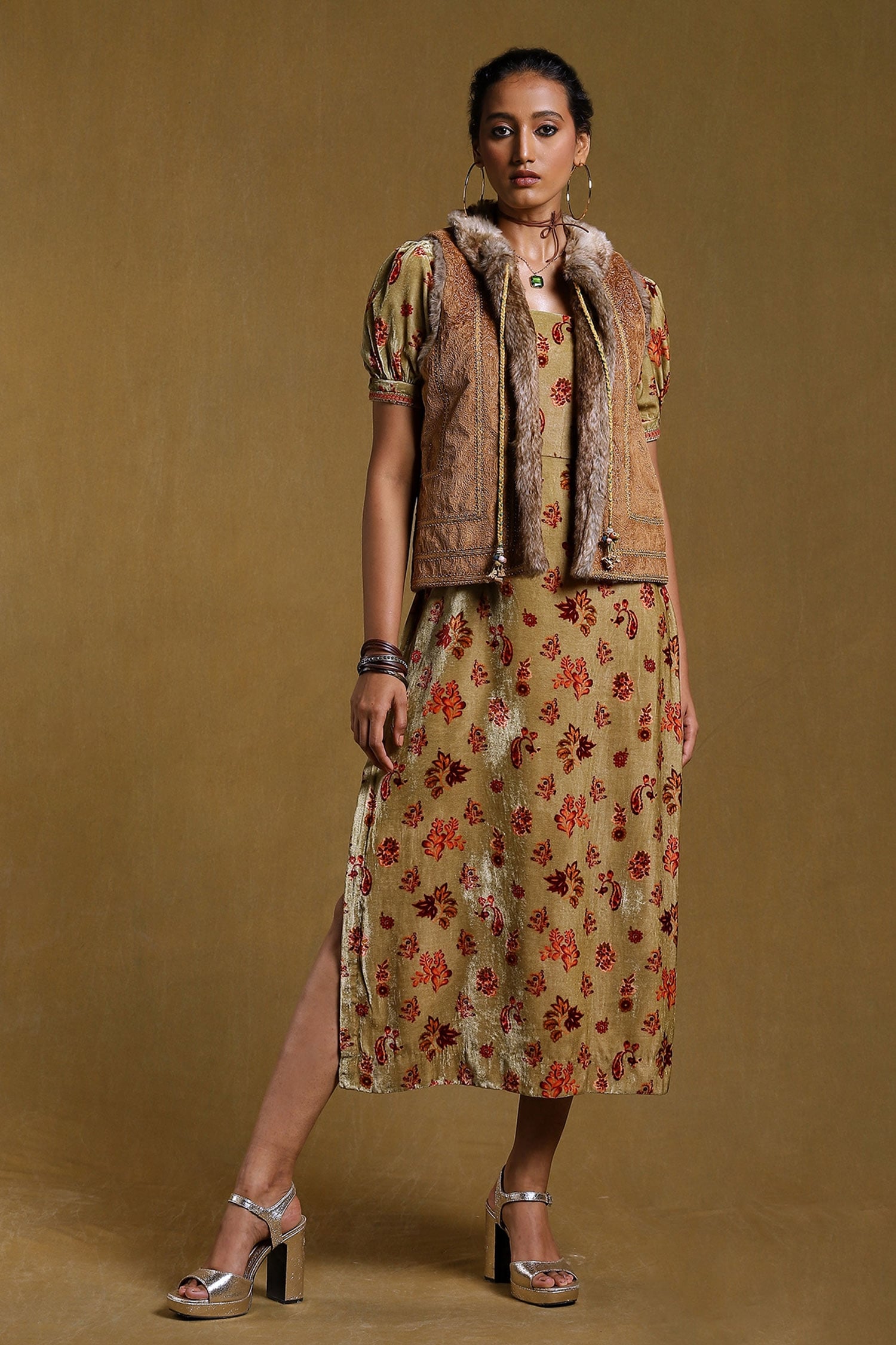 Buy Ritu Kumar Brown Suede Embroidered Fur Jacket Online | Aza Fashions