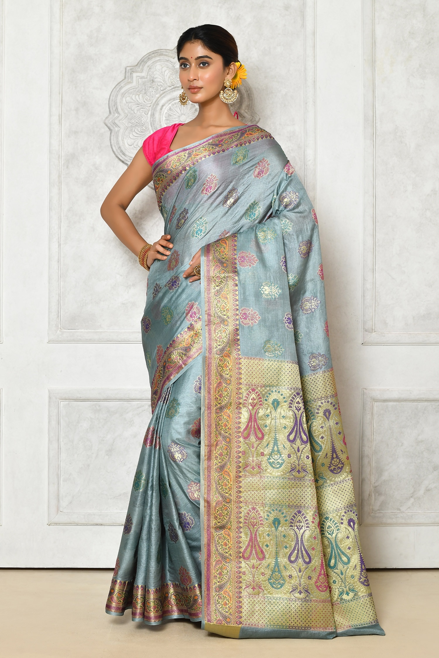 Buy Grey Saree Banarasi Tussar Silk Woven Floral For Women by Nazaakat ...
