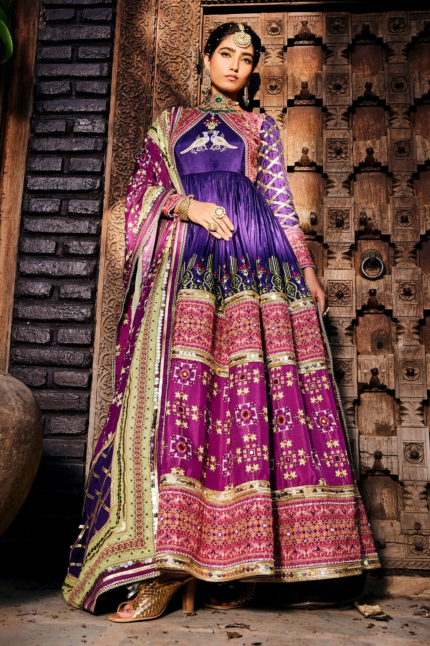 Buy The Royaleum Purple Colorblock Anarkali With Dupatta Online | Aza ...
