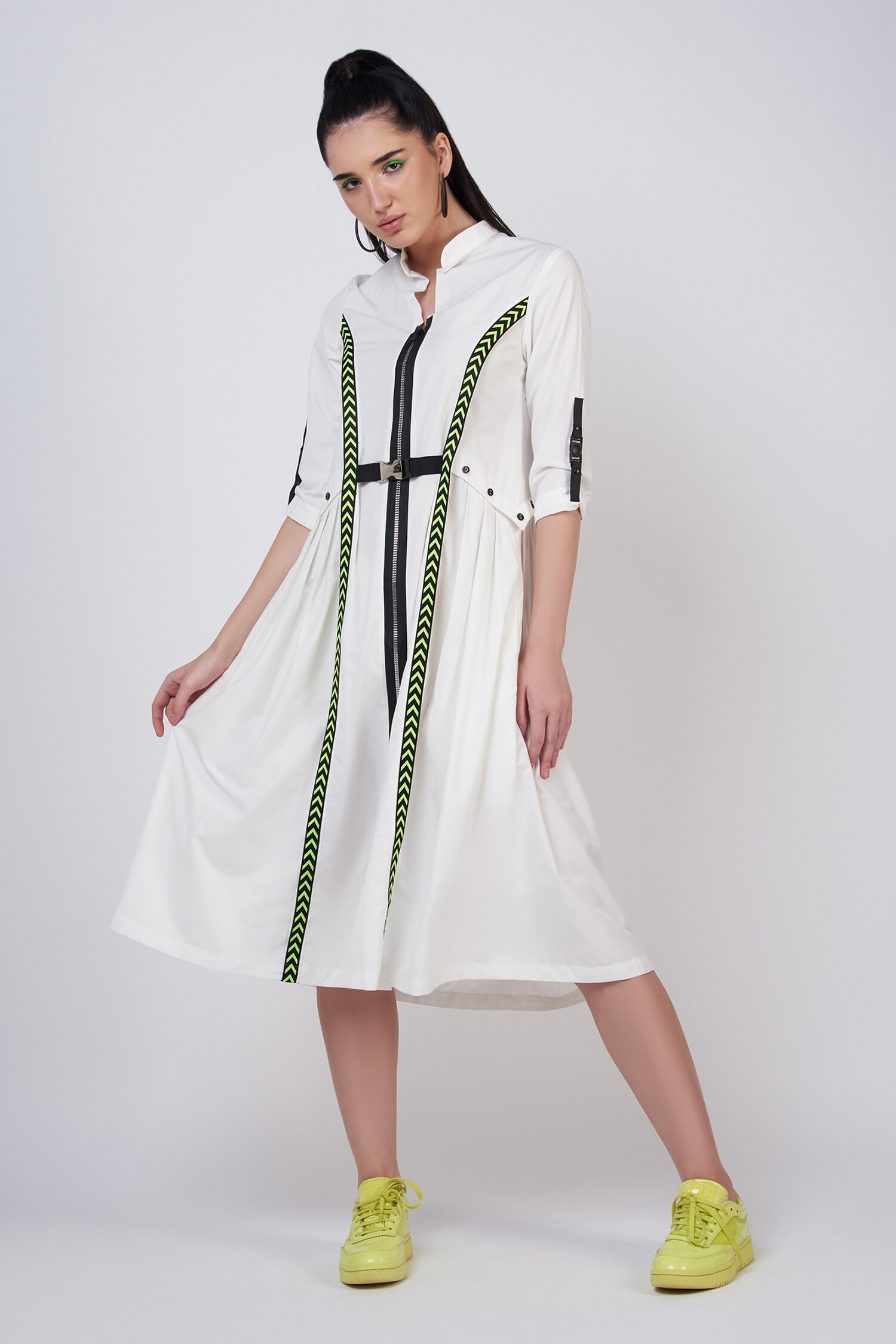 Buy Krati Jain White Cotton Blend Front Buckle Dress Online | Aza Fashions