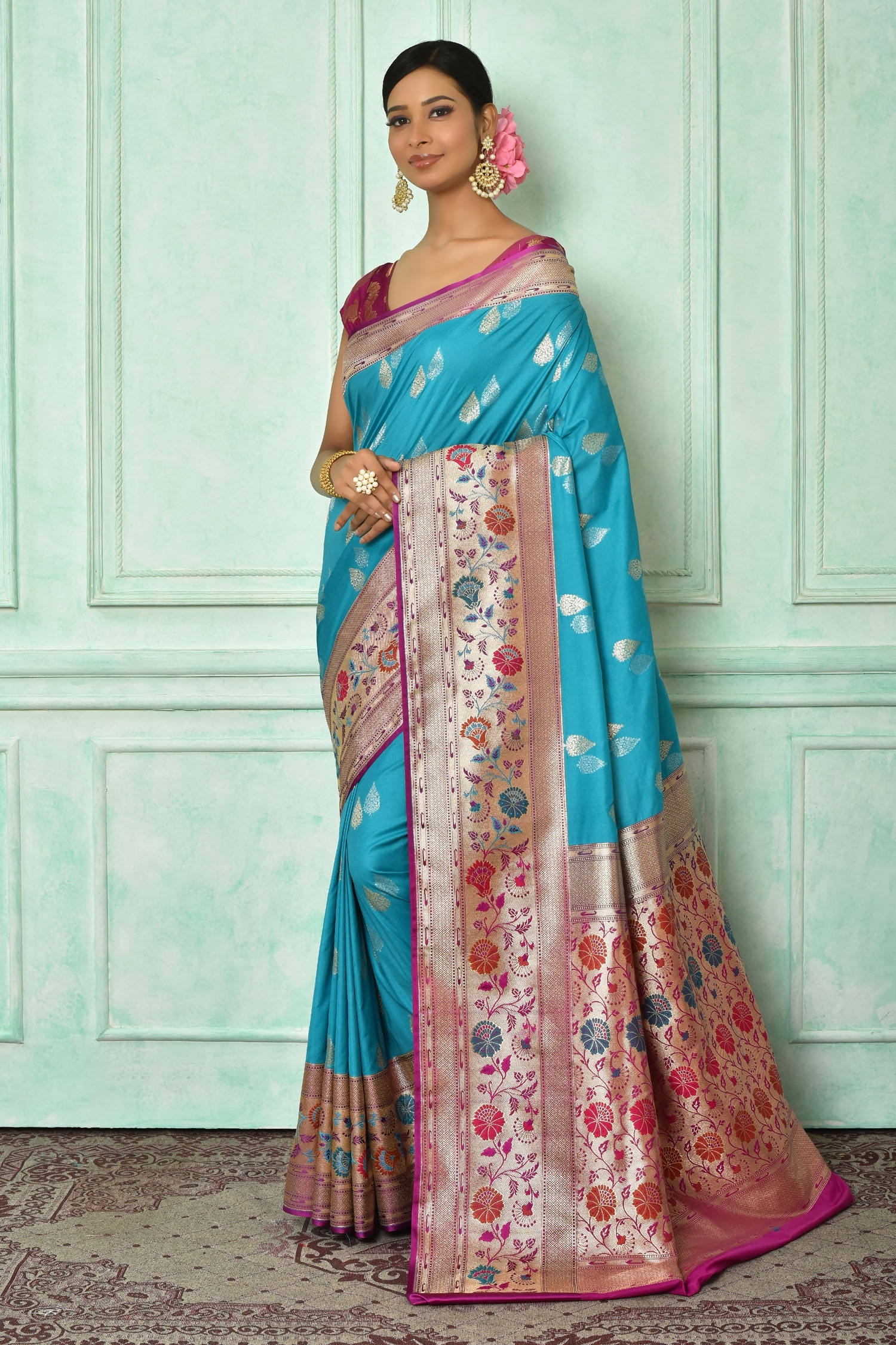 Buy Blue Katan Silk Woven Floral Garden Pattern Saree With Running