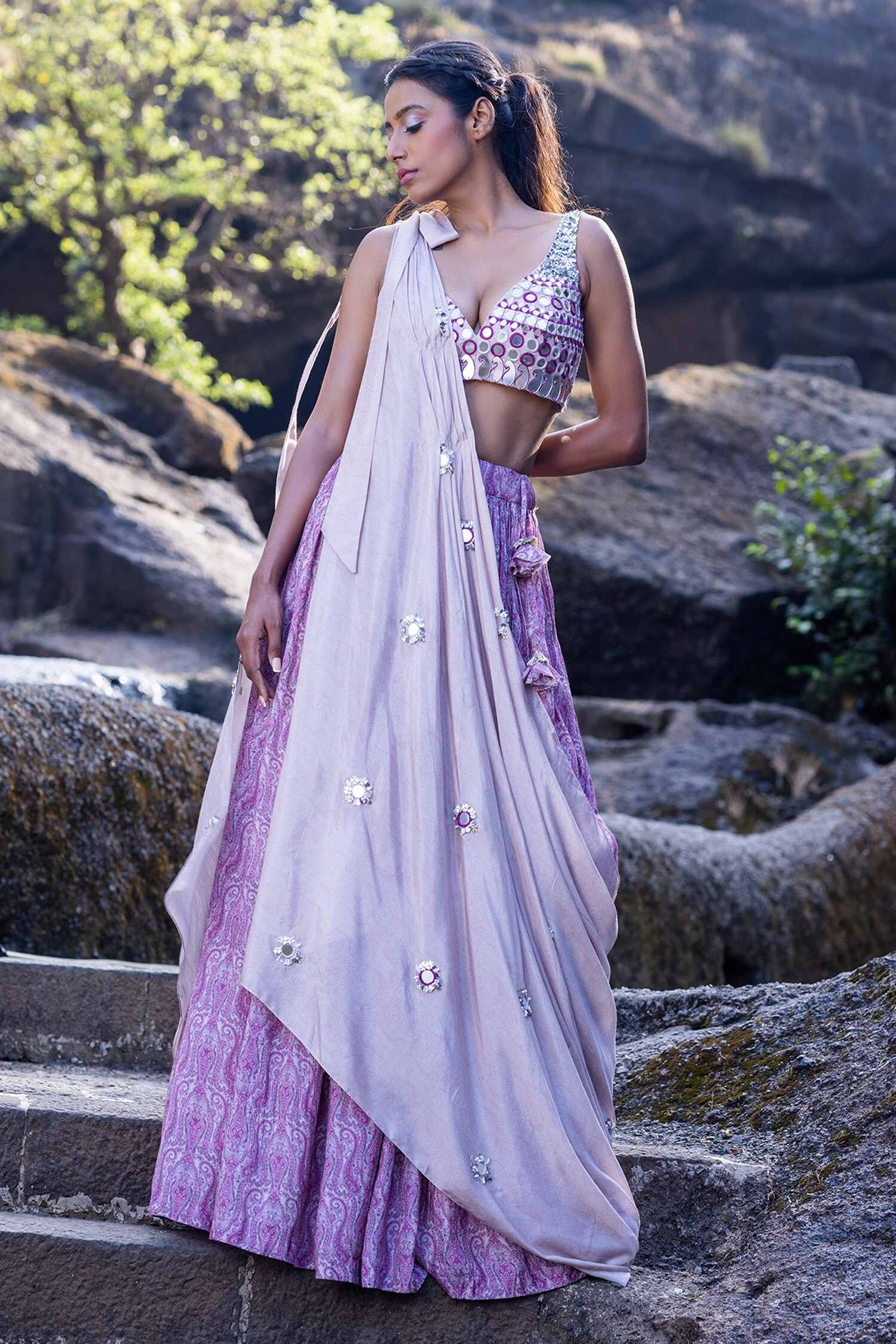 Buy Pink Pure Muslin Hand Embroidered Geometric Print Draped Lehenga ...