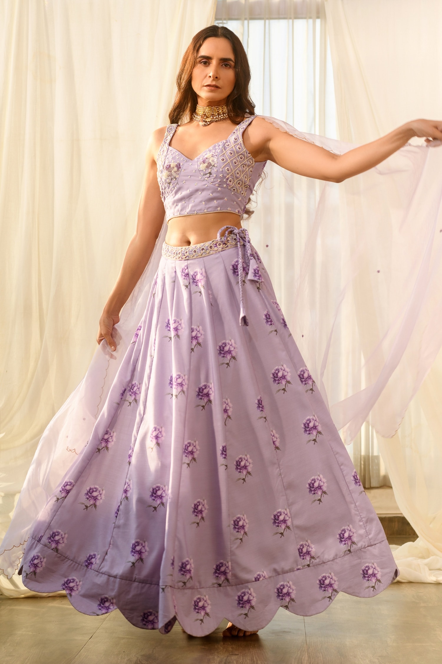 Buy Pasha India Purple Linen Floral Print Kalidar Lehenga Set Online ...
