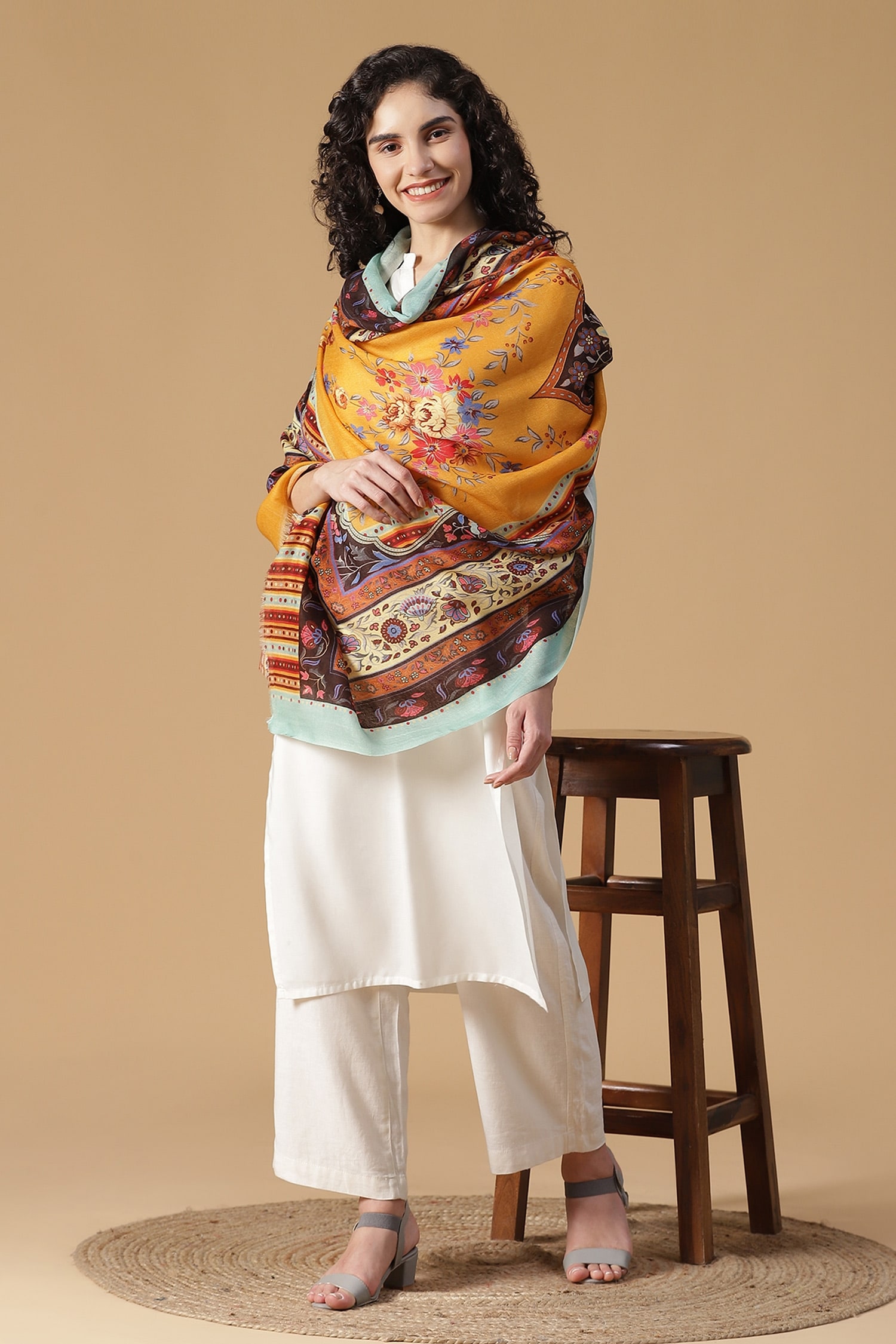 Buy Yellow Printed Woolen Floral Shawl by SHINGORA Online at Aza Fashions.