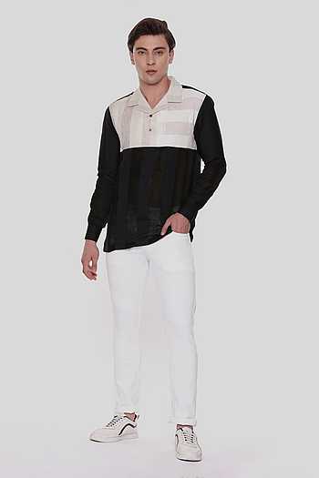Buy Mayank Modi - Men Multi Color Linen Color Block Short Kurta Online ...