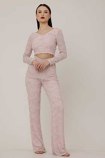 Buy Pink 100% Nylon Mesh Hand Embellished Floral And Crop Top & Pant ...