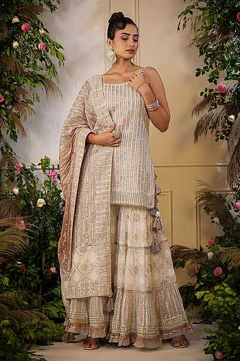 Buy Beige Mulmul Printed And Embroidered Khari & Kurta Sharara Set For ...