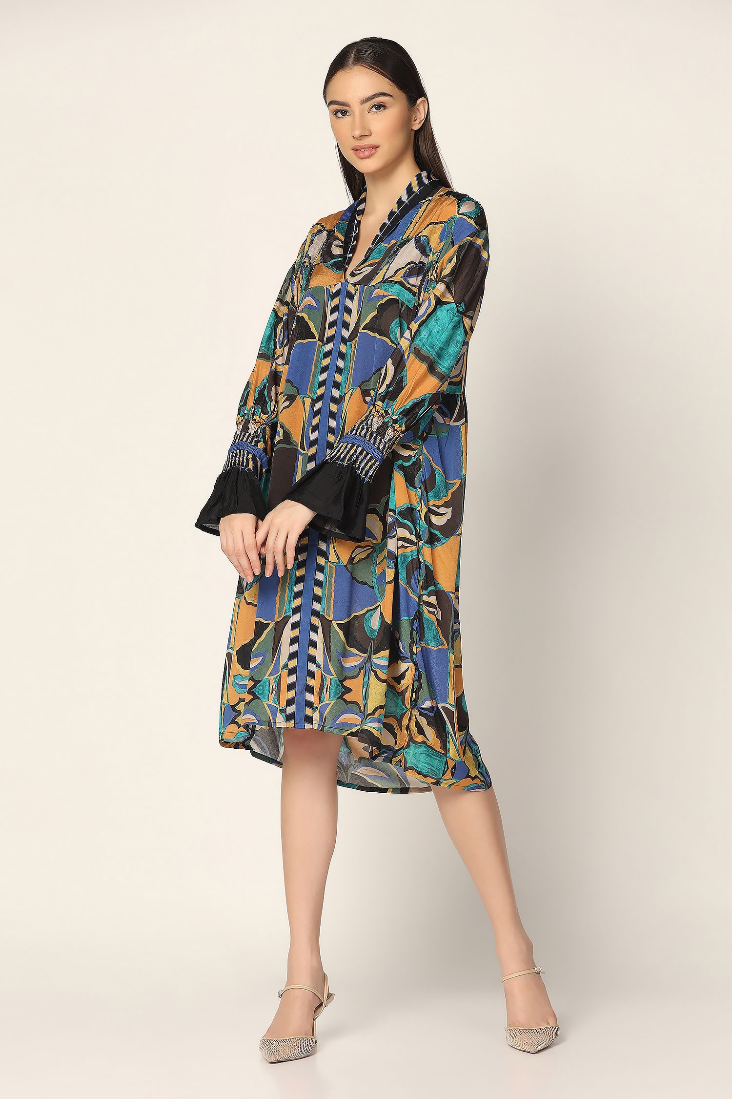 Buy Blue Crepe Printed Geometric Shawl Collar Dress For Women by Two ... Buy Blue Crepe Printed Geometric Shawl Collar Dress For Women by Two ...