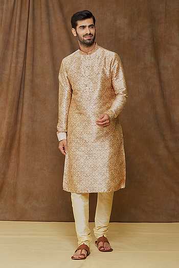 Buy Cream Kurta: Printed Banarasi Silk Flower And Metallic Churidar Set ...