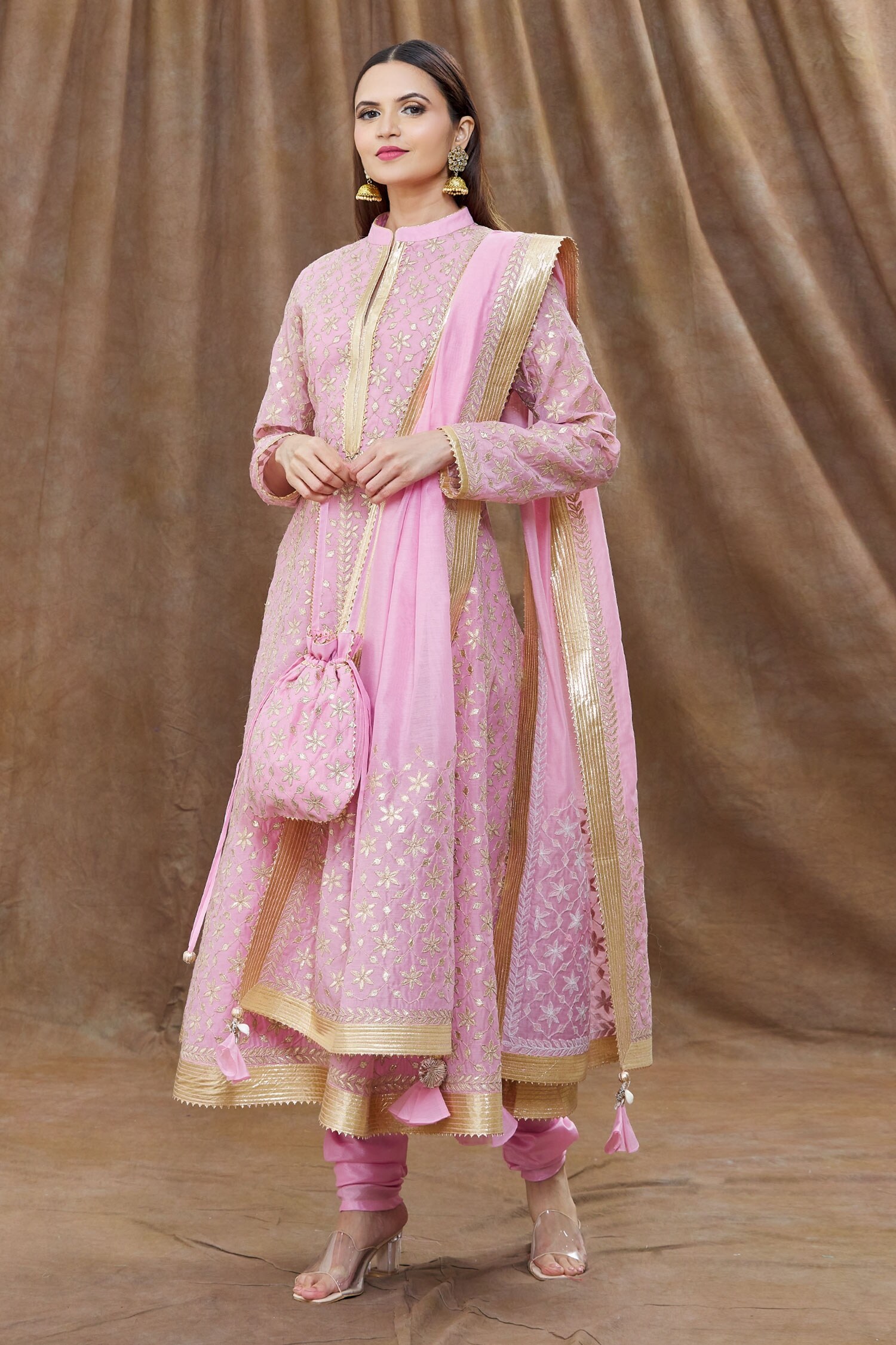 Buy Aiman Pink Chanderi Embroidered Anarkali Set Online | Aza Fashions