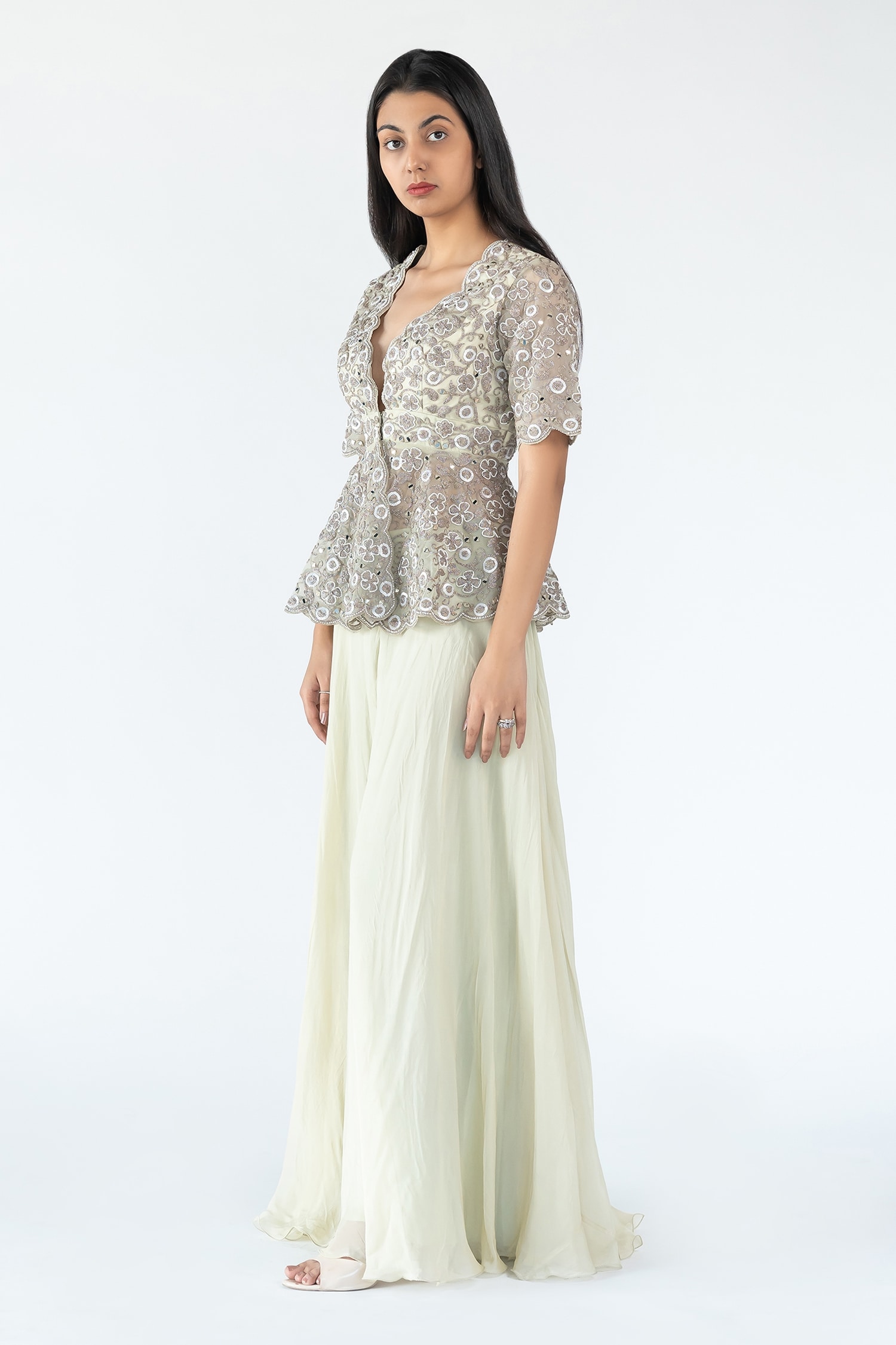 Buy Green Gharara Organza Embroidery Moti Scallop Neck And Peplum Top ...