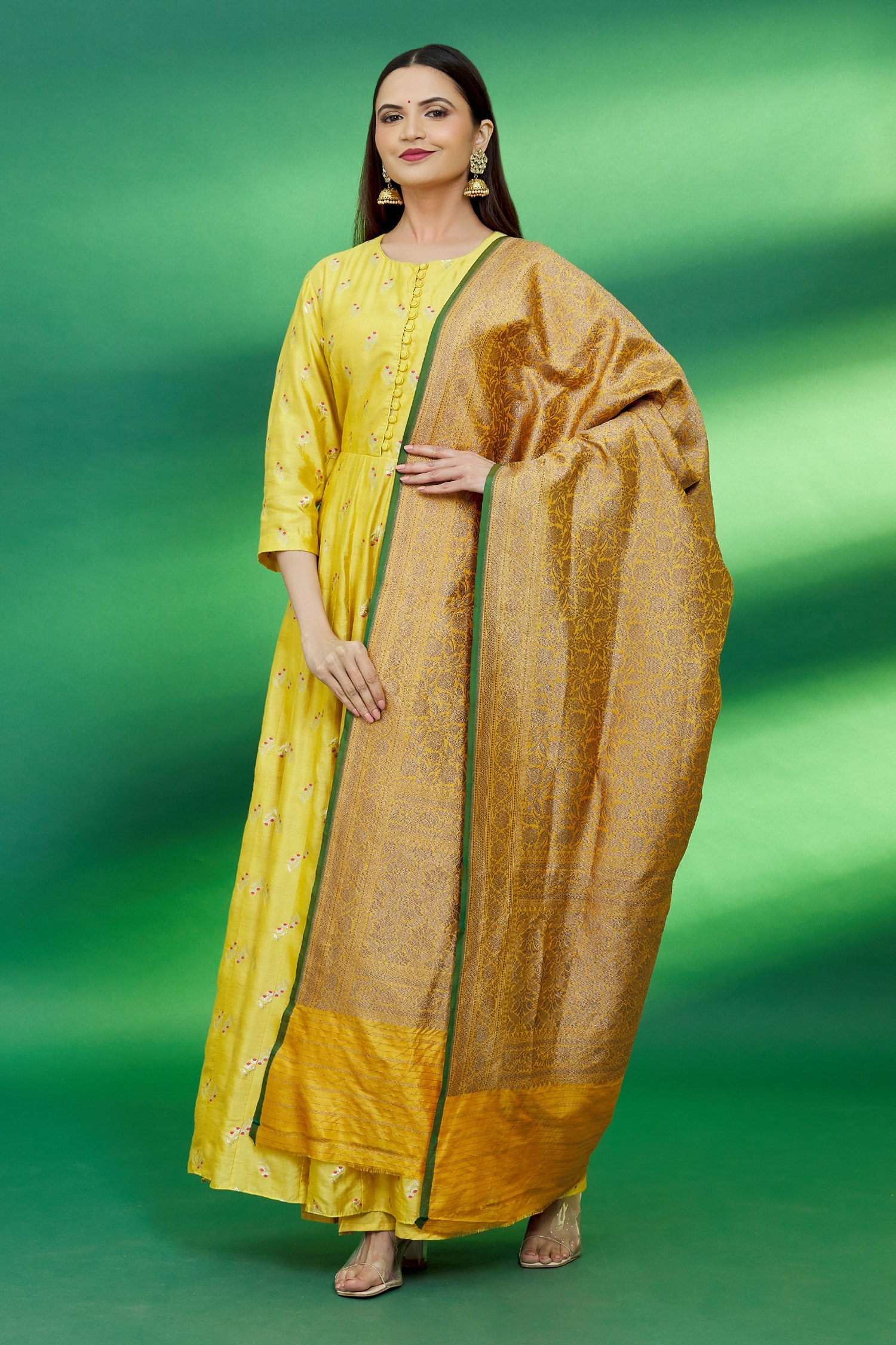 Buy Yellow Mulberry Silk Woven Banarasi Floral Anarkali With Dupatta