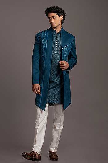 Buy Jayesh Shah Blue Suede Velvet Hand Embroidered Sherwani Set Online ...