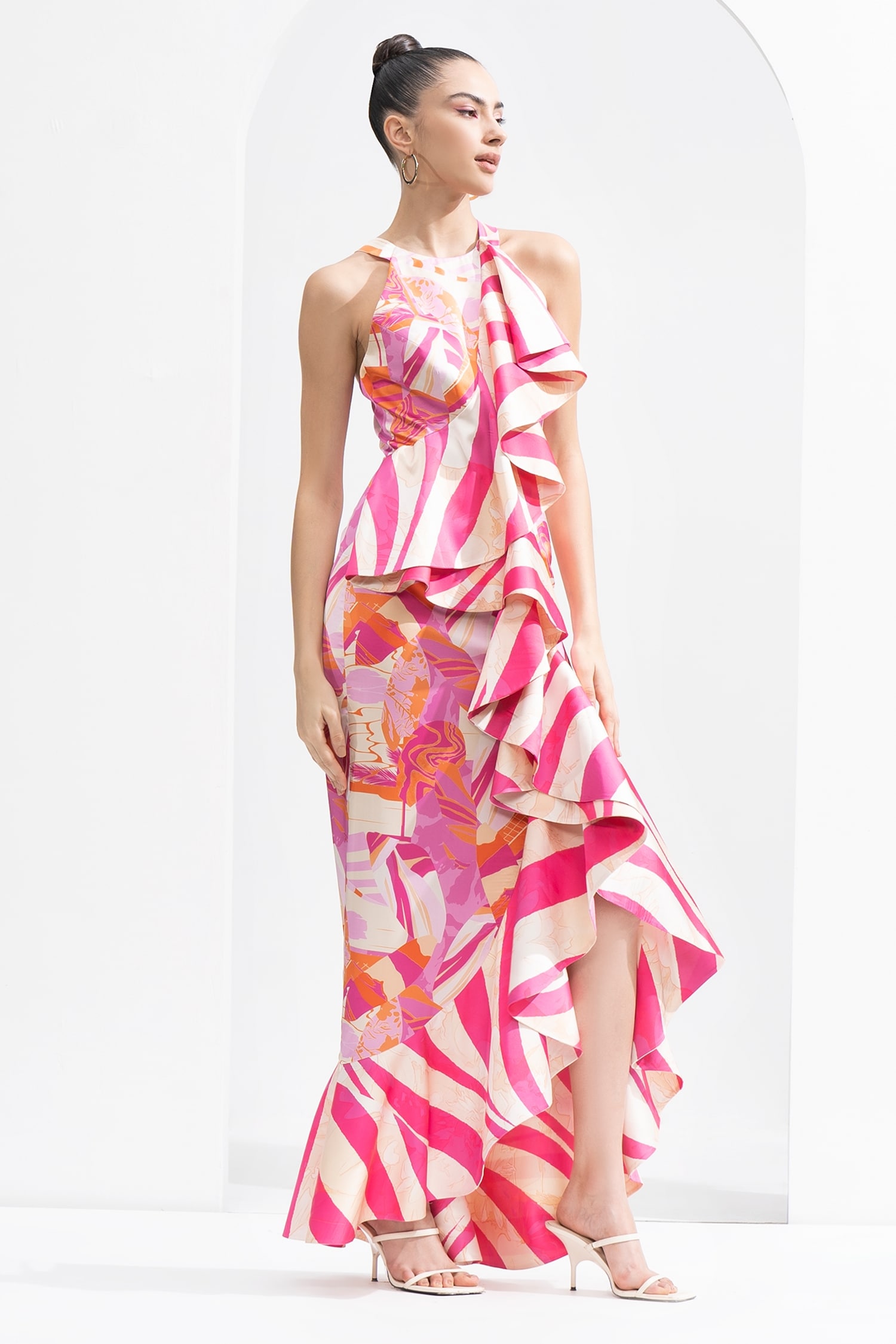 Buy Pink Satin Stripe And Leaf Round Ruffle Trim Gown For Women by ...