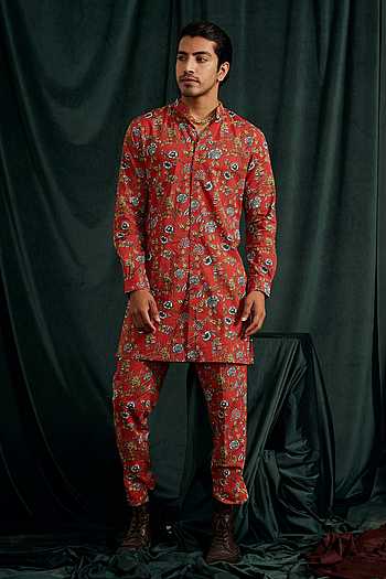 Buy Red Cotton Printed Floral Brindavan Kurta Set For Men by Project ...