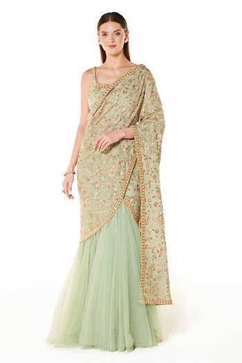 Buy Rabani & Rakha Green Net Sairaa Embroidered Lehenga Saree With ...