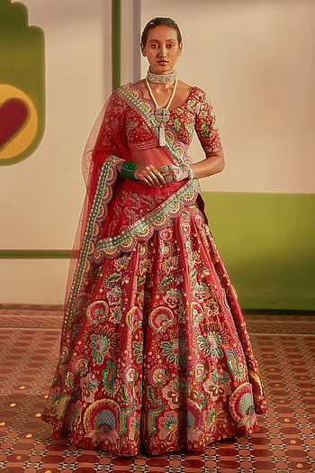 Buy Maroon Dupion Embroidered Flower V Neck Enchanted Bridal Lehenga ...