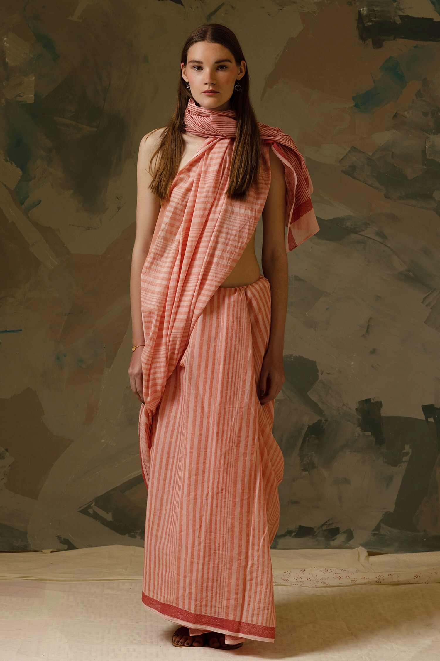 Buy Silkwaves Pink Cotton Hand Block Stripe Pattern Saree Online | Aza ...