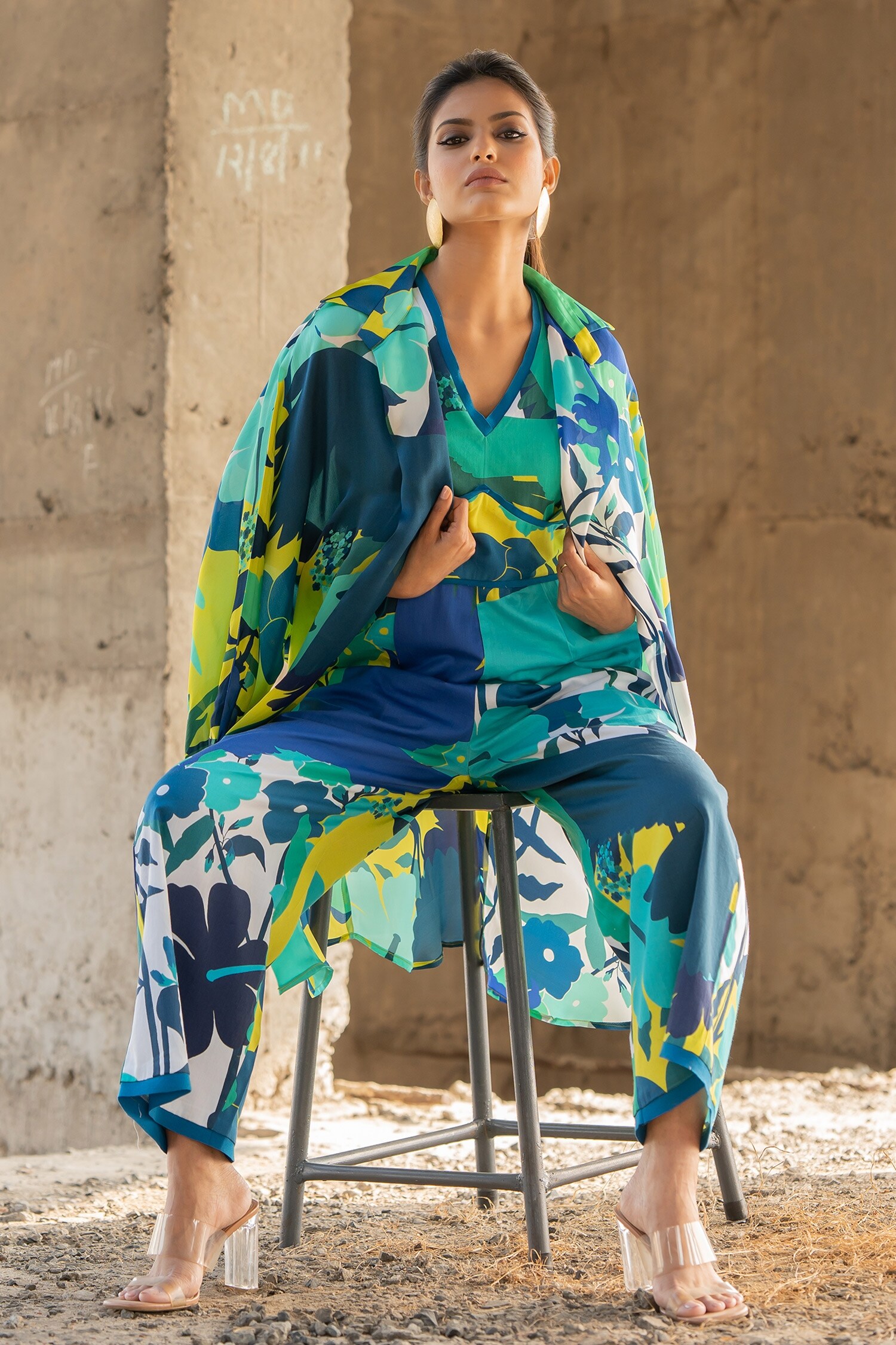 Buy Blue Glass Organza Print Paradise Collared Abstract Overlay Jacket ...