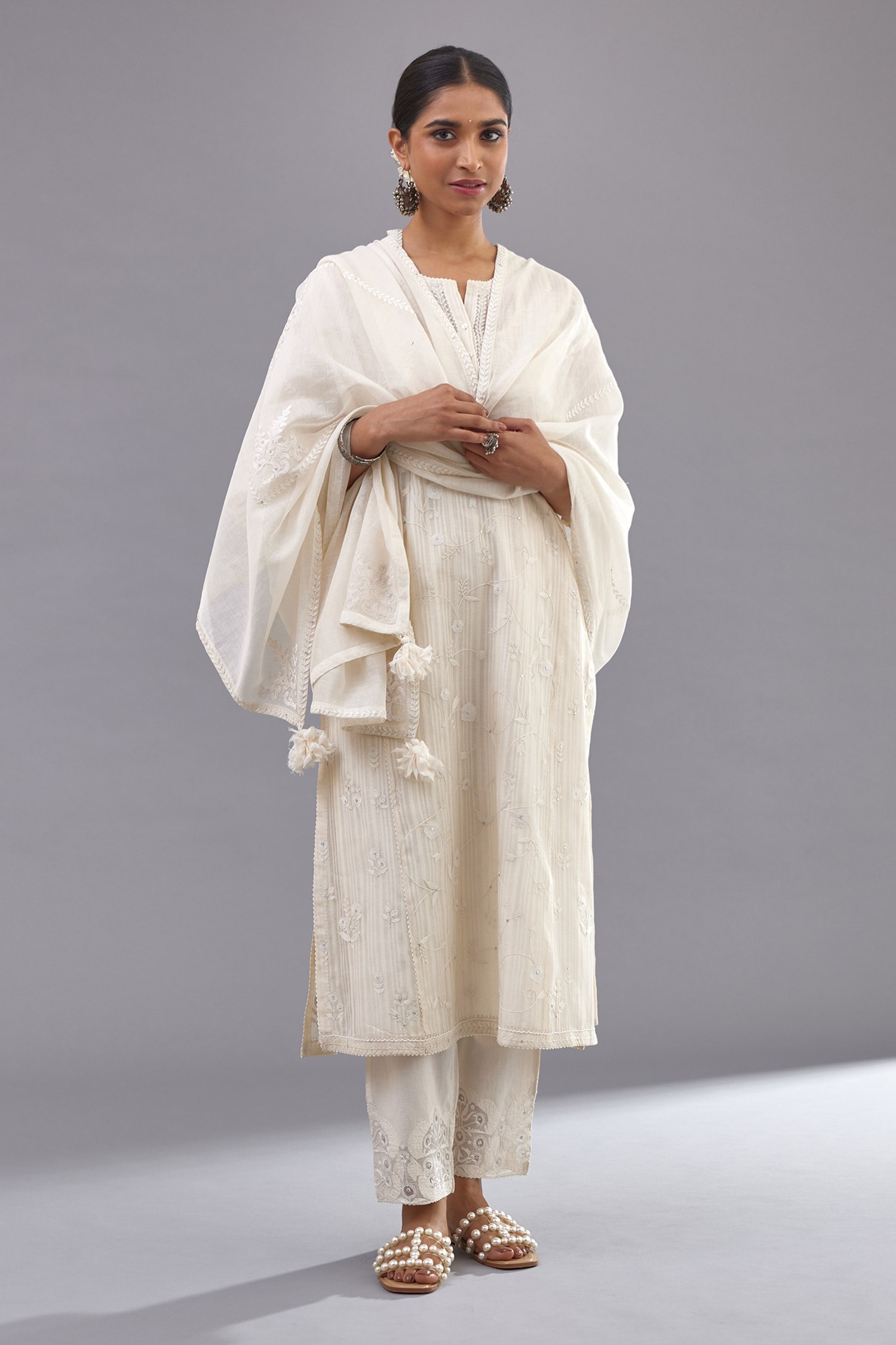 Buy Kora Off White Jaal Embroidered Straight Kurta Pant Set Online ...