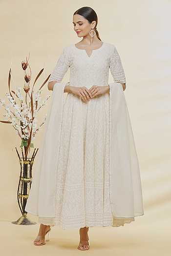 Buy White Cotton Embroidered Floral Chikankari Anarkali With Dupatta ...