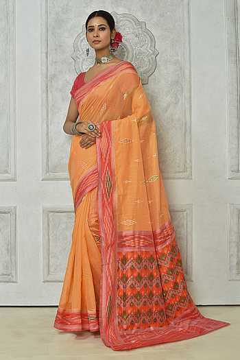 Buy Nazaakat by Samara Singh Orange Cotton Colorblock Saree With ...