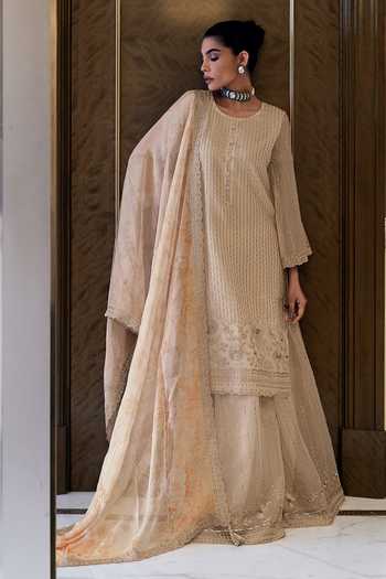 Buy Ivory Kurta And Sharara Tissue Embroidered Stripe Round Zari Set ...