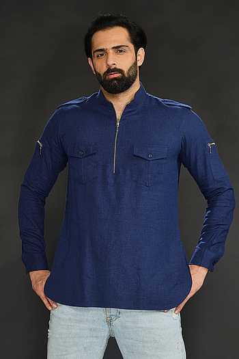 Buy Blue Linen Viscose Plain Mandarin Collar Short Pathani For Men by ...