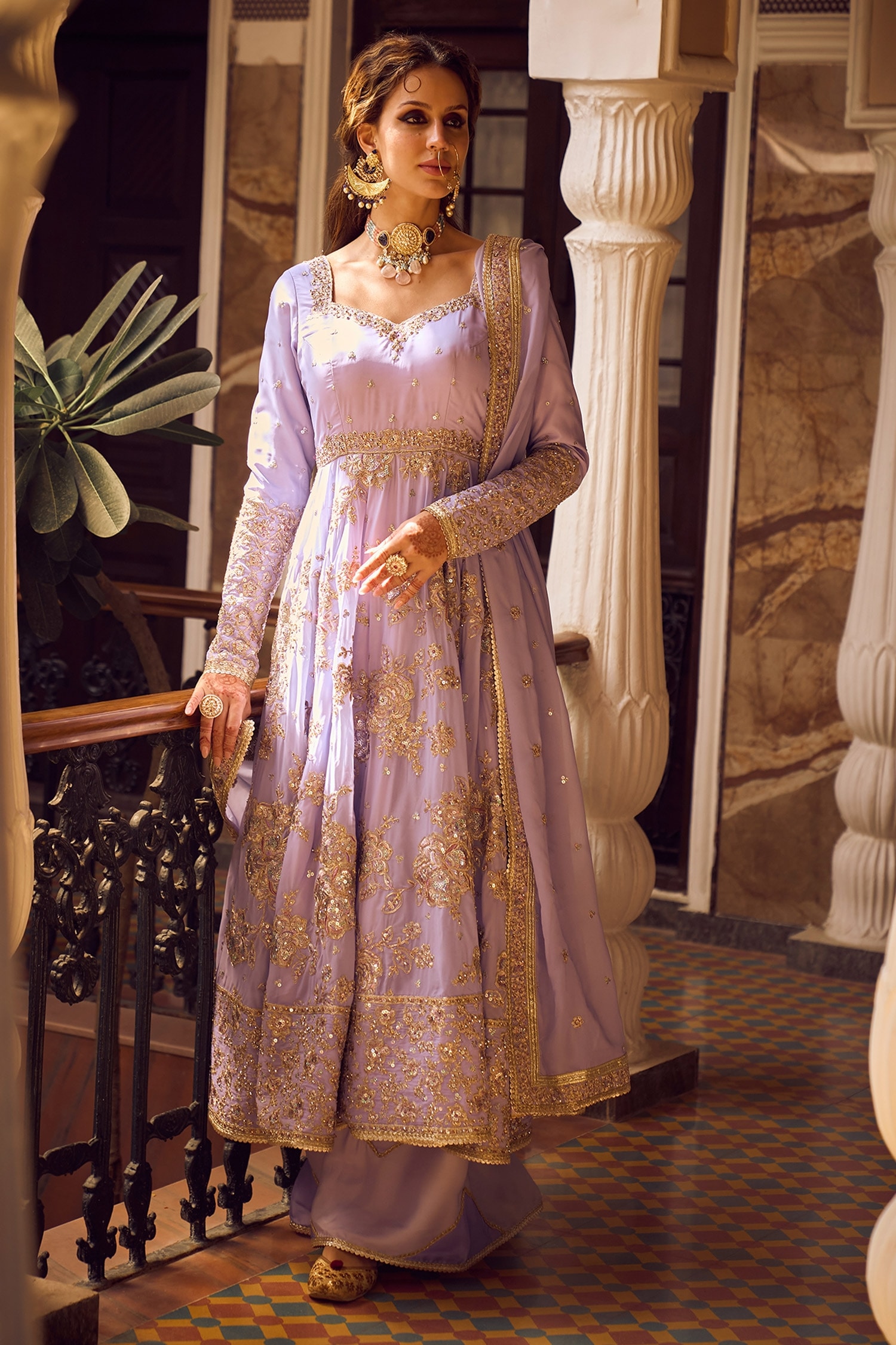 Buy Purple Georgette Embroidery Zari Sweetheart Neck Anarkali Palazzo