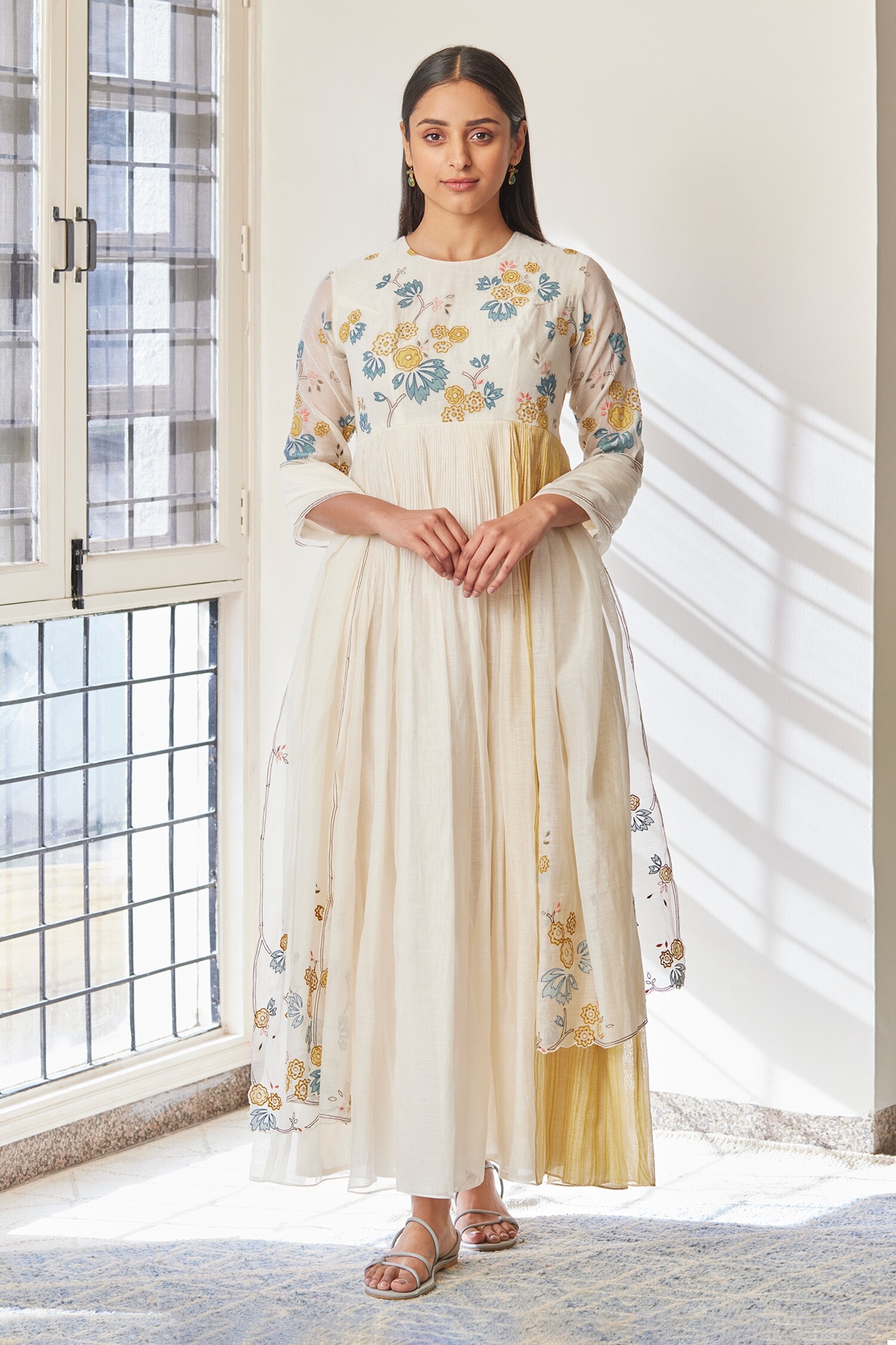 Buy Ivory Cotton Muslin Printed And Embroidered Yoke Anarkali With ...