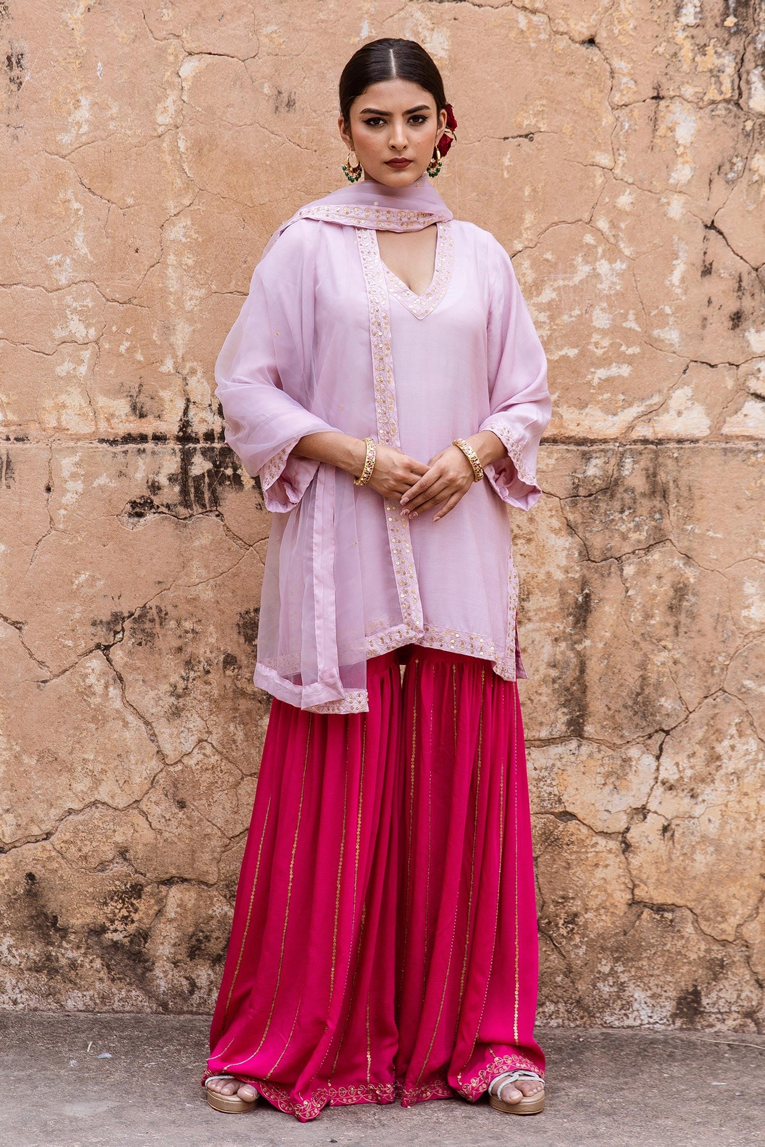 Buy Pink Hand Embroidered Taari Work V Neck Umrao Kurta Sharara Set For ...