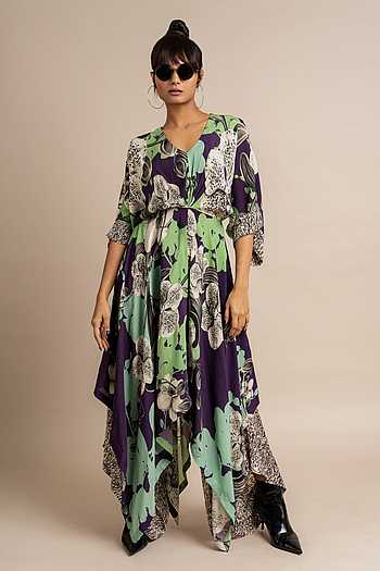 Buy Nupur Kanoi Purple Crepe Floral Print Kaftan And Draped Pant Set ...