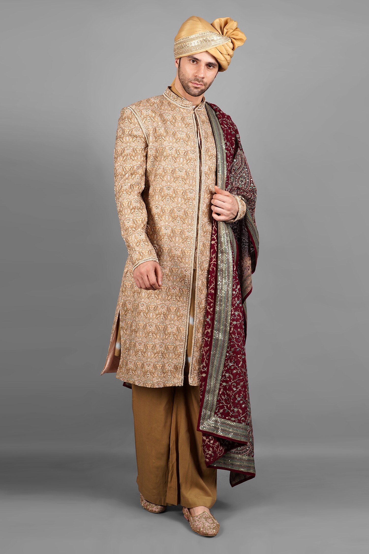 Buy Soniya G Brown Handloom Silk Band Collar Embroidered Sherwani Set ...