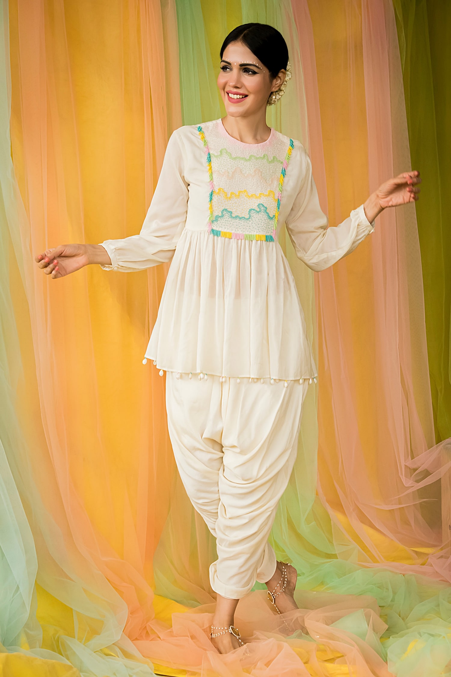 Buy Ivory Kurta And Dhoti Cotton Voile Hand Embroidery Bead Embellished ...