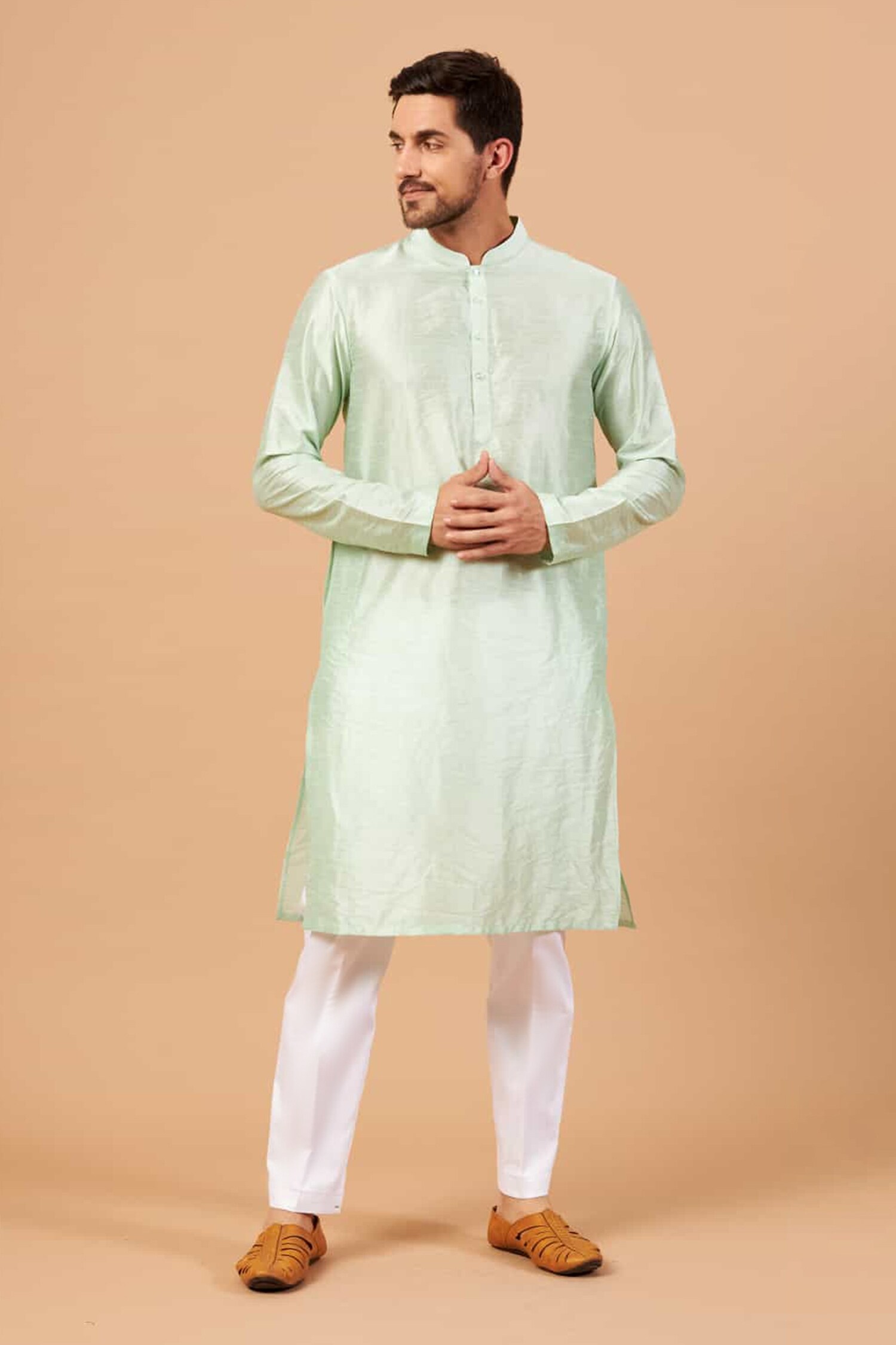 Buy Hilo Design Green Falling Raw Silk Mandarin Collar Solid Kurta Set ...
