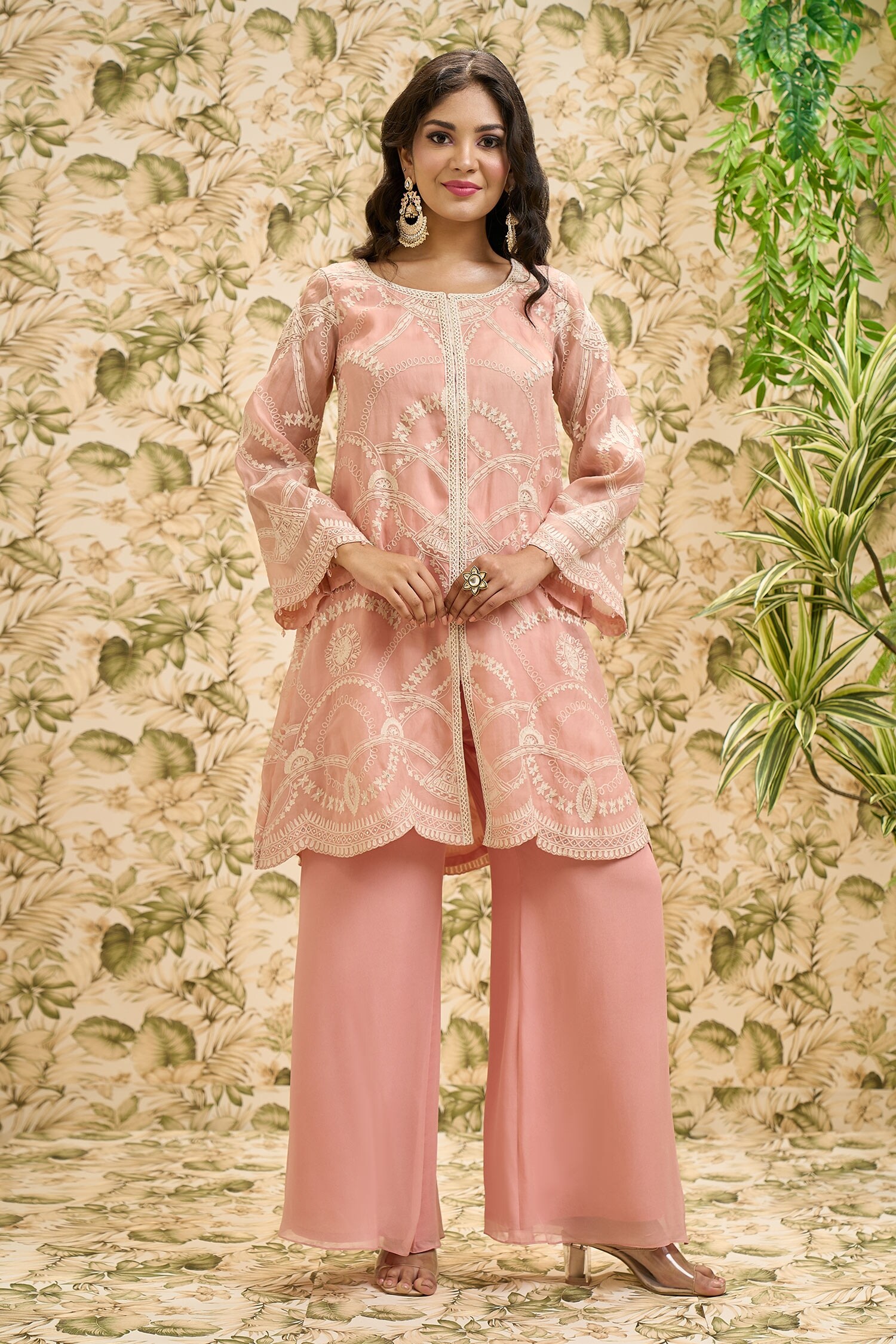Buy Peach Kurta-organza And Pant- Viscose Jaal Kurta & Flared Set For Women by Aariyana Couture ...