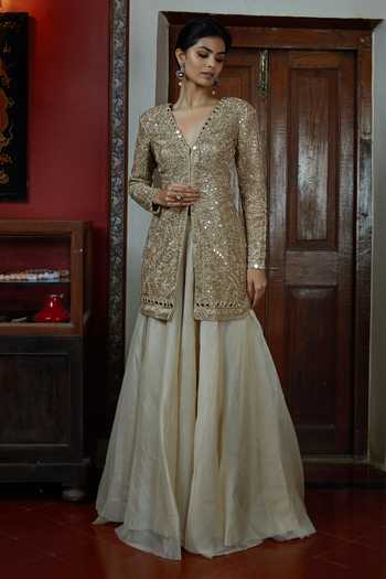 Buy Arpita Mehta Gold Raw Silk Embroidered Jacket And Sharara Set ...