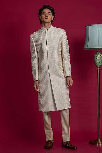 Buy Jayesh Shah Gold Raw Silk Thread Embroidered Sherwani Set Online ...