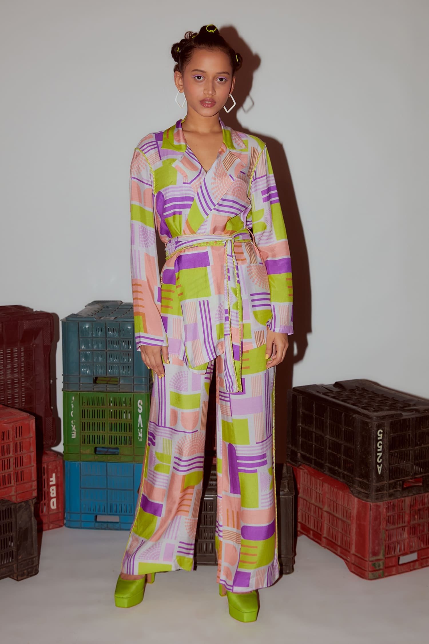 Buy Nirmooha Multi Color Mull Geometric Print Notched Lapel Collar ...