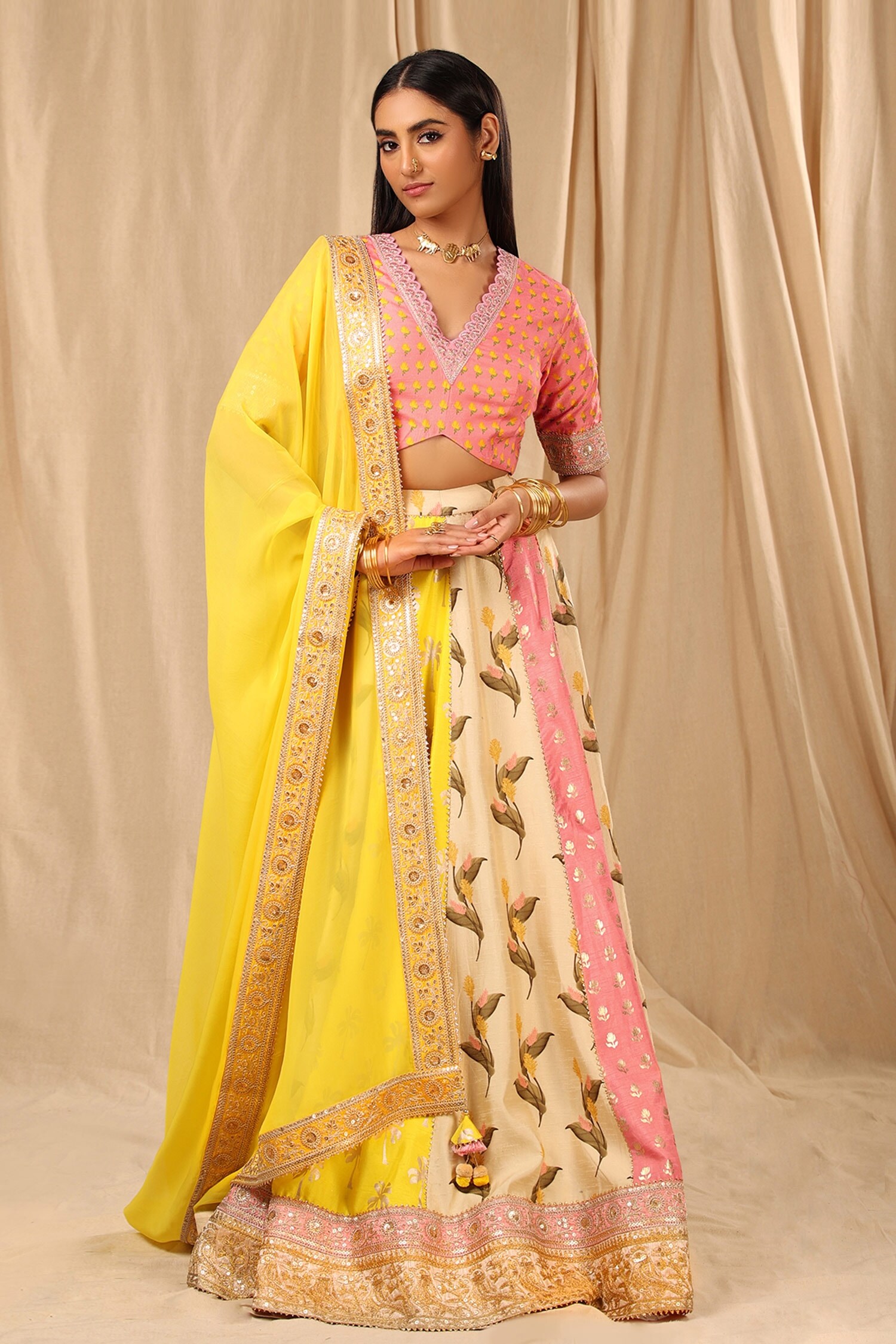 Buy Masaba Ivory Raw Silk Floral Fantasy Patchwork Print Lehenga Set ...