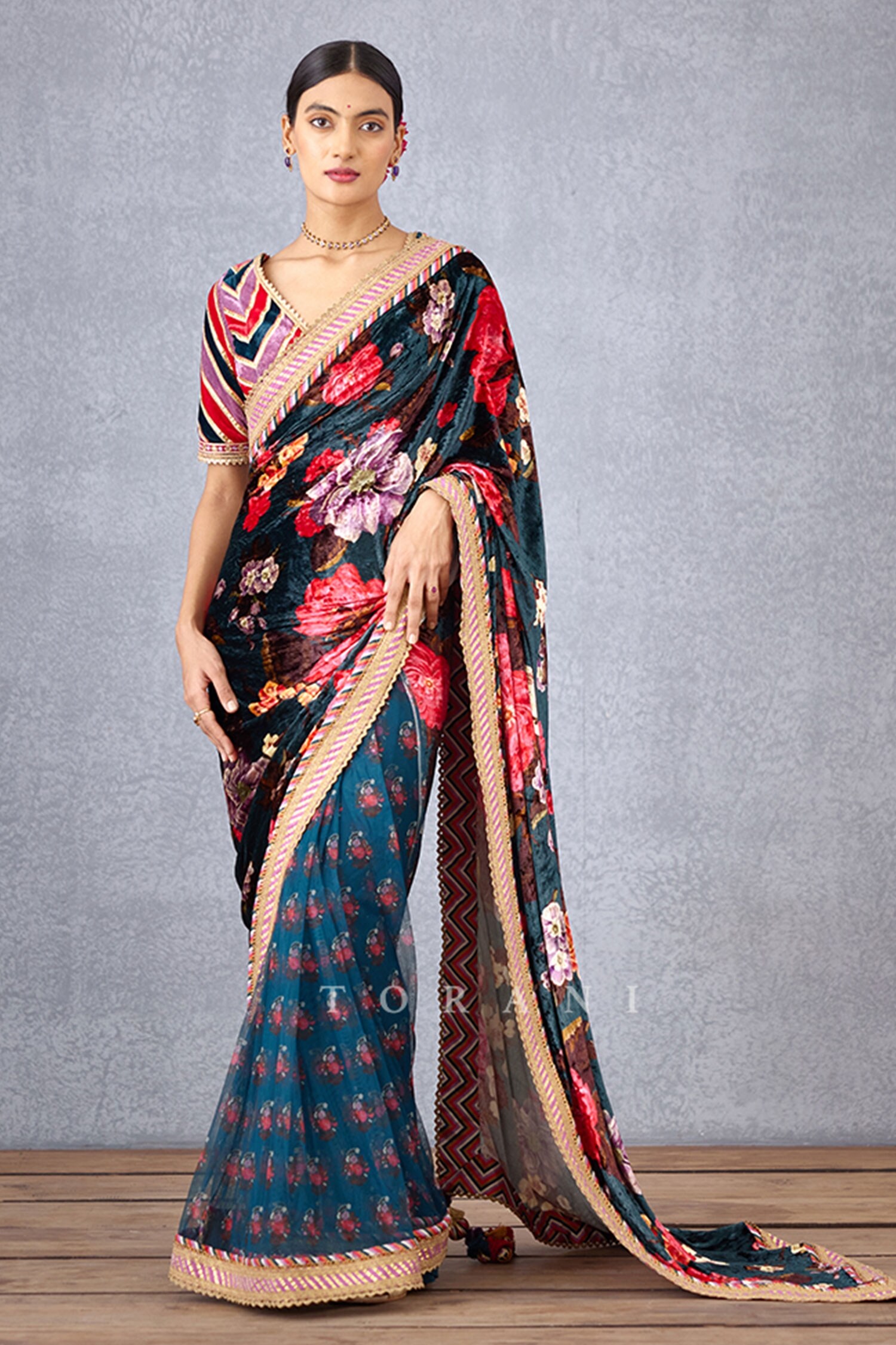 Buy Blue Velvet And Crepe Print Shabnami Nariyah Saree With Blouse For ...