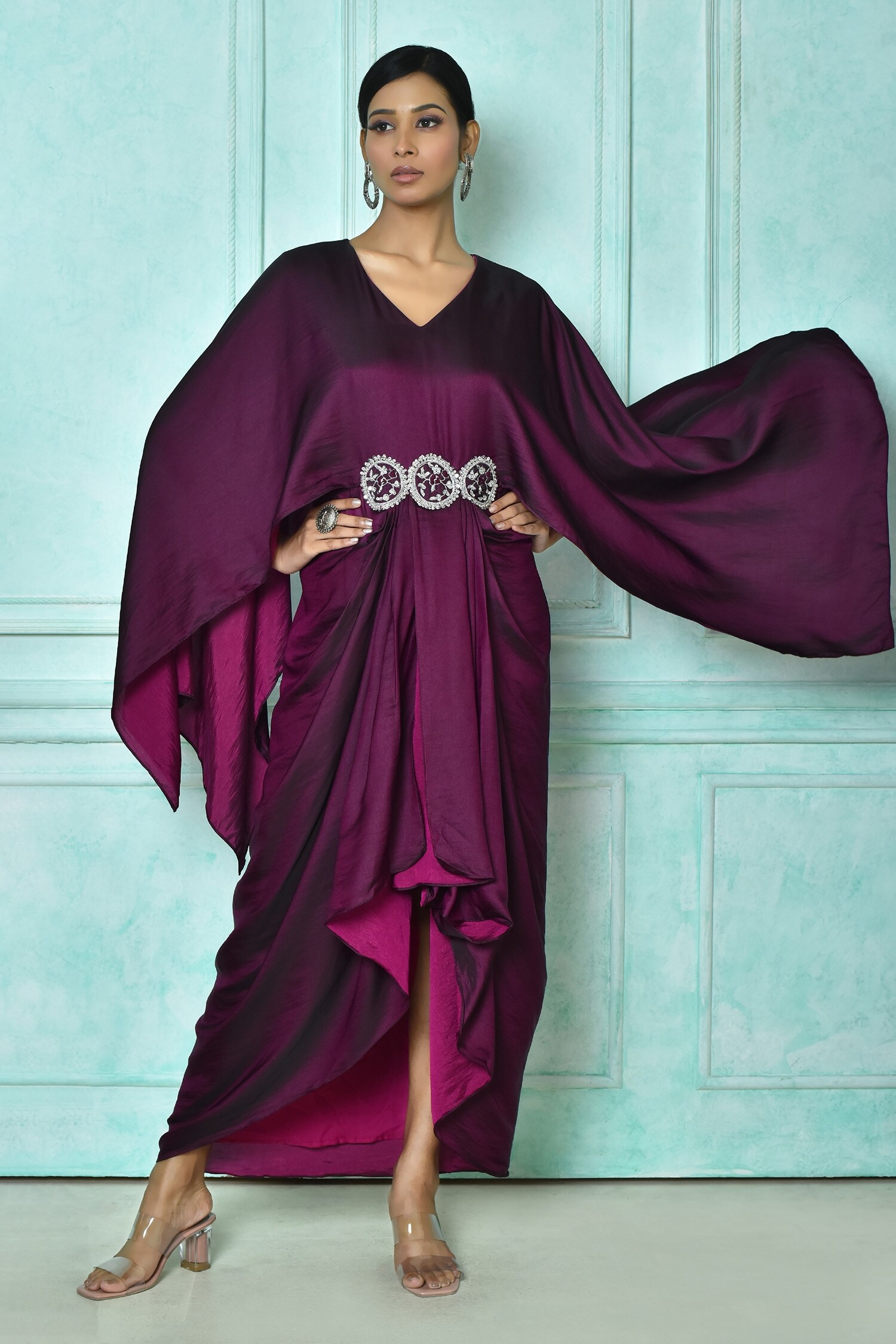 Buy Wine Double Dye Silk Embroidery Thread And Waist Asymmetric Hem ...