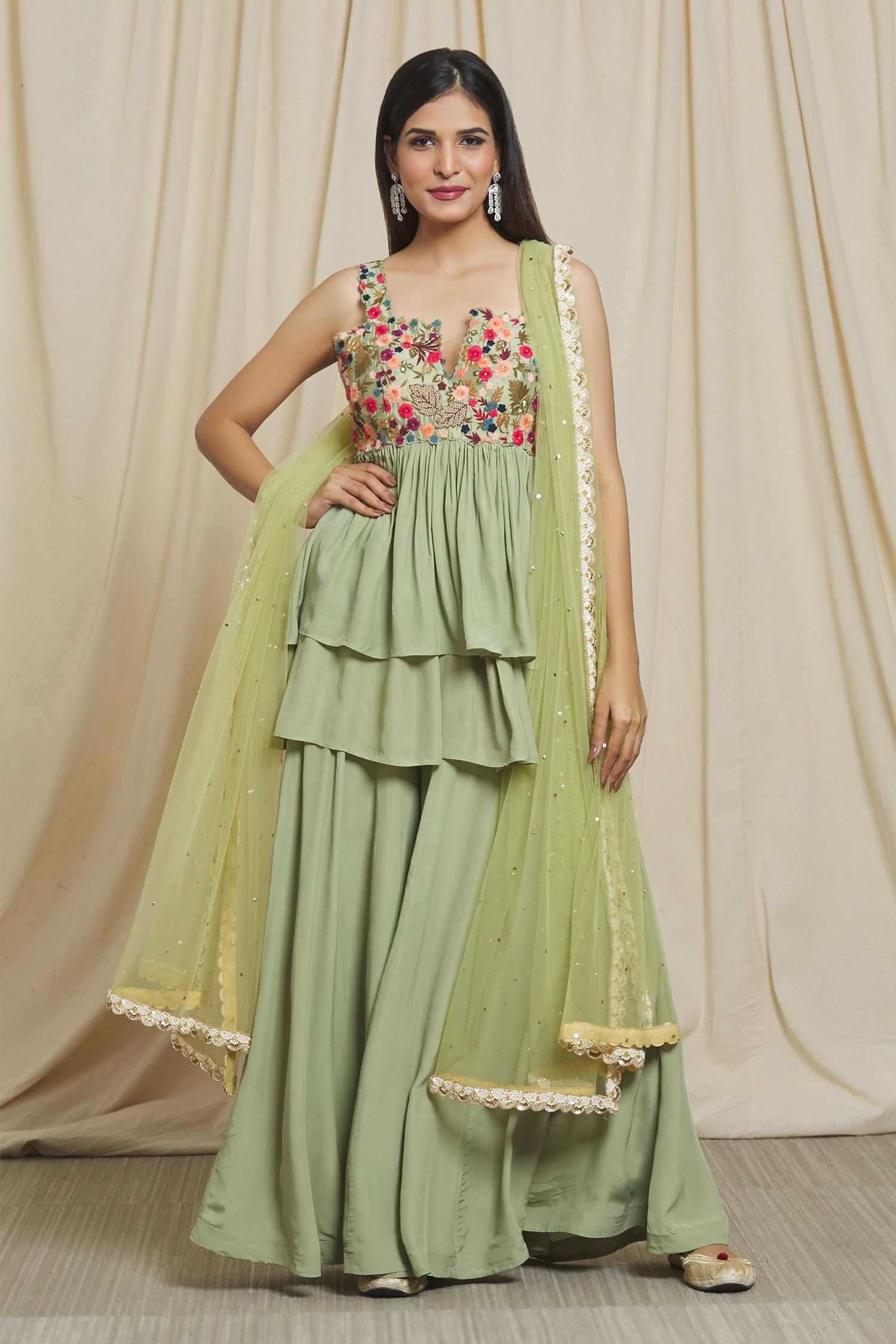 Buy Green Dhupion Silk Satin Organza Embroidered Peplum Top Palazzo Set
