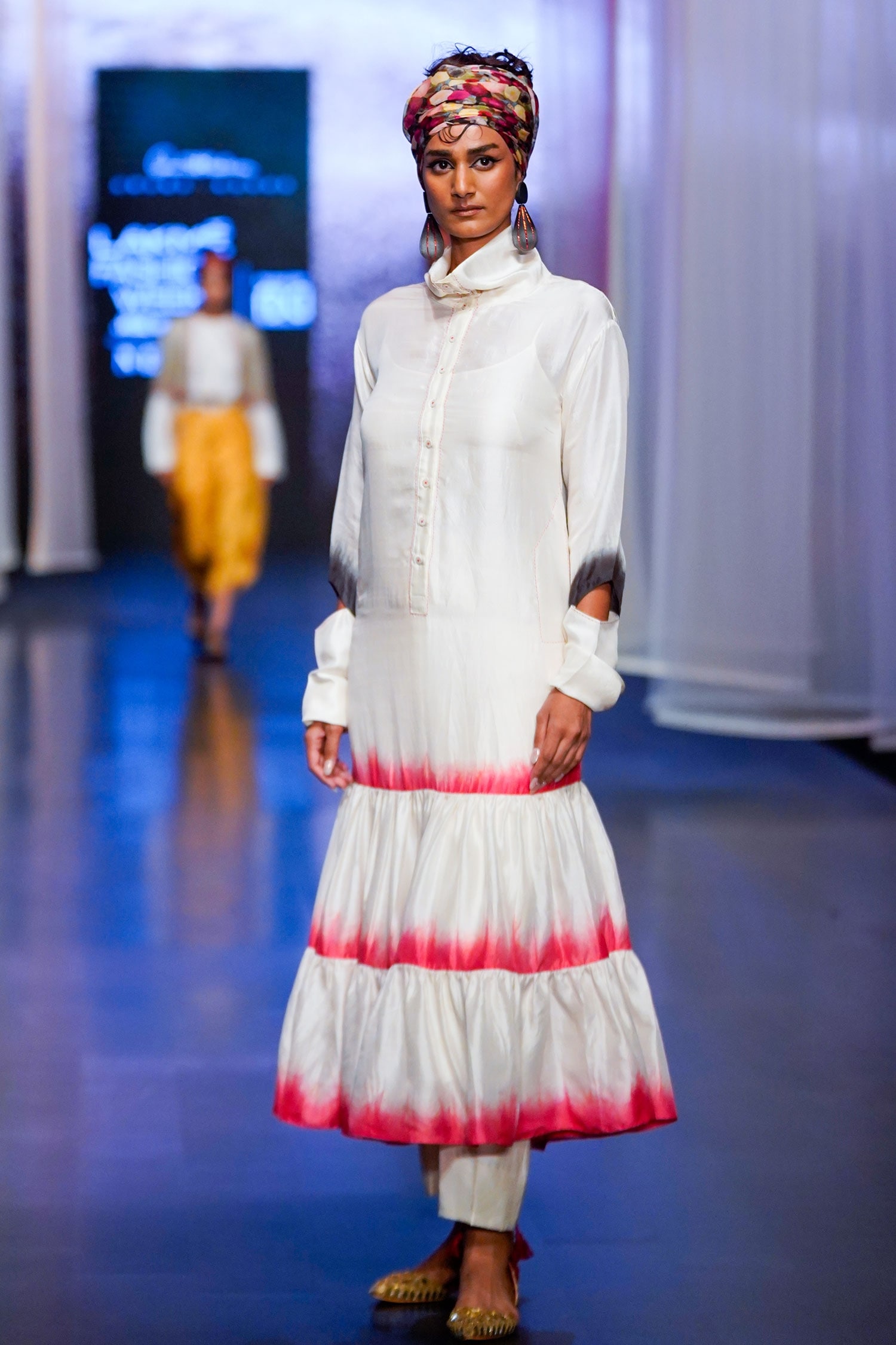 Buy Ivory Dupion High Neck Tiered Kurta And Pant Set For Women by Anand ...